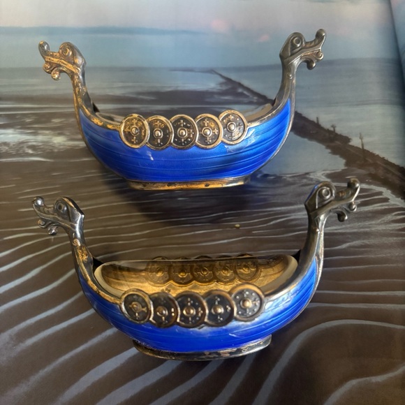Dining | Pair Of Norway Sterling Silver And Enamel Viking Ship Salt ...